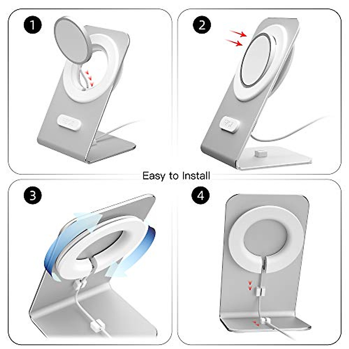 PZOZ Charger Stand Compatible for Apple MagSafe Charger, Aluminum Alloy Charging Station Dock Cable Management Clips, Cord Organizer Holder Stand for iPhone 13 12 Mini, Pro, Pro Max (Silver)