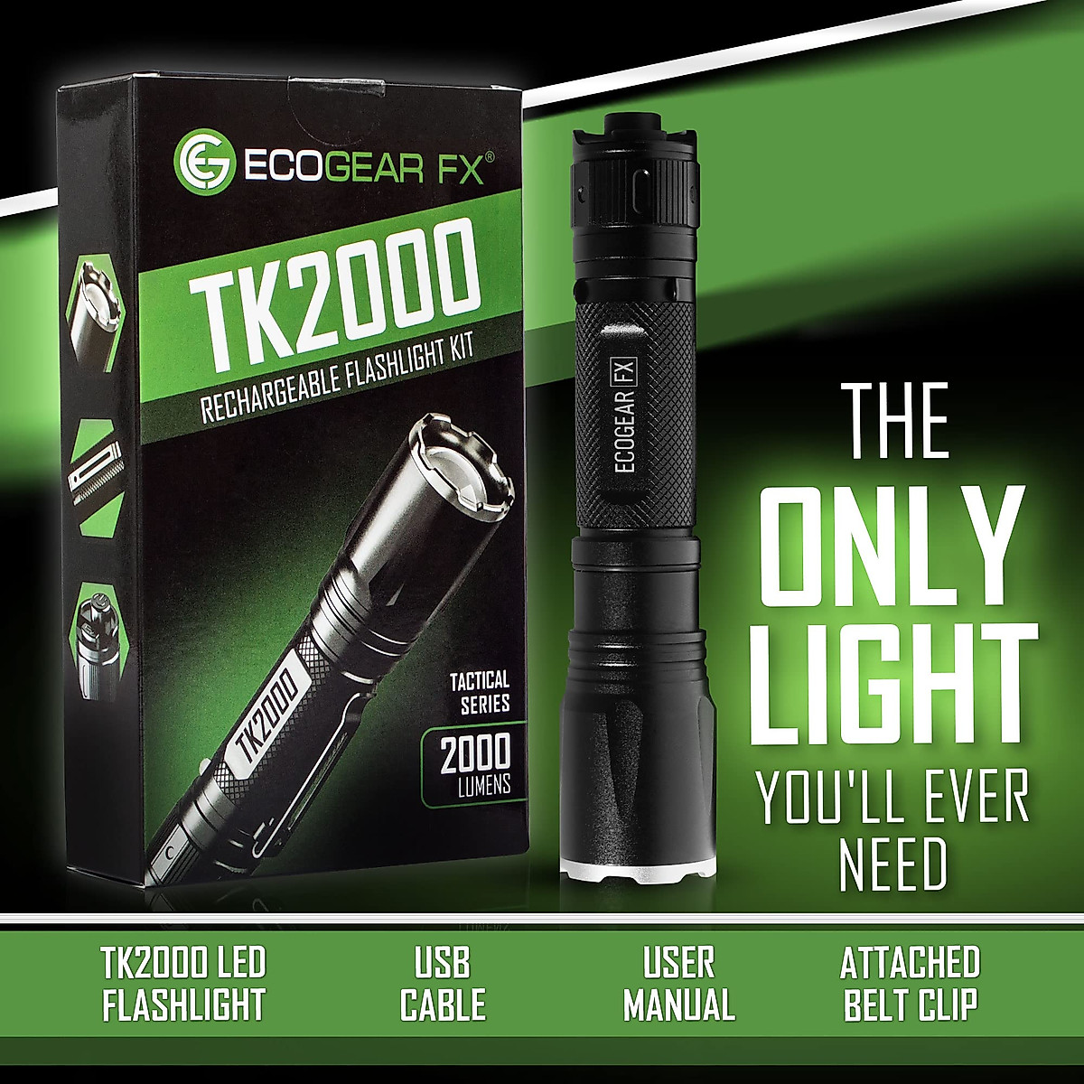 EcoGear FX TK2000 Tactical Flashlight Kit - Delivering 2000 Lumens Max, 3 Light Modes with Instant Strobe Light, Adjustable Focus Zoom, USB Rechargeable with a 5000mAh High Power Battery