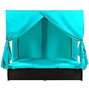 LUMISOL Outdoor Patio Sunbed with Retractable Canopy Sun Lounger Daybed with Curtains Garden Furniture (Blue)