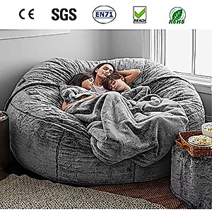 7ft Giant Fur Bean Bag Chair for Adult Living Room Furniture Big Round Soft Fluffy Faux Fur BeanBag Lazy Sofa Bed Cover (Grey)