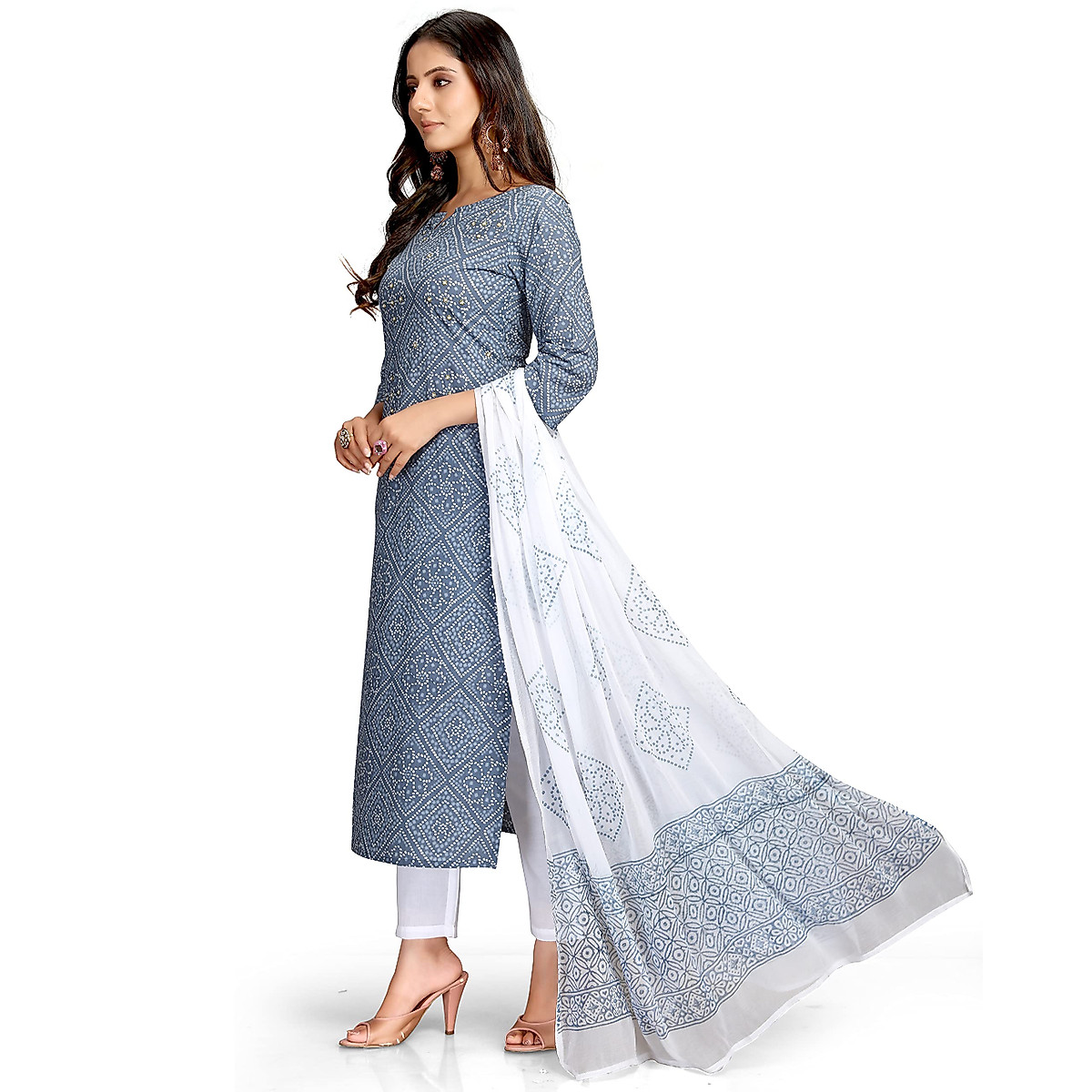 Rajnandini Women's Pure Cambric Cotton Embroidered Kurta Set With Dupatta (JOPLVL212-XL_Grey & White_XL)