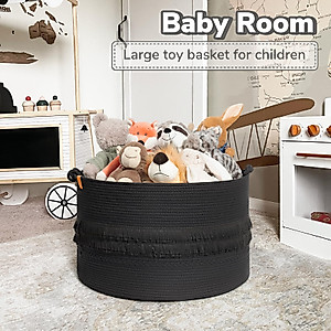 CherryNow Extra Large Black Laundry Basket, Rope Storage Basket for Bathroom, Bedroom, Living room, Entryway, Big Blanket Basket for Pillows, Toys, Clothes, 22 x 14 inches