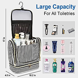 WDLHQC Large Hanging Toiletry Bag with Hook | Water Proof Zip Bag Travel Makeup Bag Organizer | Cosmetic Travel Bag for Toiletries | Travel Essentials for Women & Men Hanging Travel Bag (Black Stripe)
