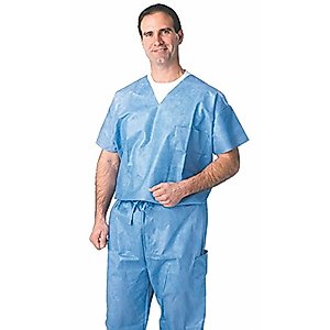 Medline Disposable Scrub Shirt, V-Neck, Large Size, Unisex, Blue (Pack of 30)