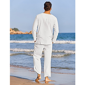 COOFANDY Men's 2 Pieces Cotton Linen Set Henley Shirt Long Sleeve and Casual Beach Pants Summer Yoga Outfits