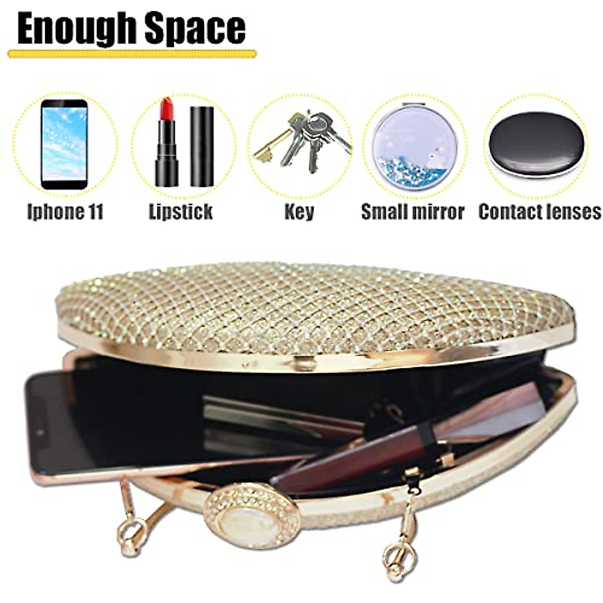 JIYIFOUHY Rhinestone Gold Clutch Purses for Women, Sparkly Rhinestone Evening Bag Bling Handbag Shoulder Bag with Detachable Chain Strap Handle for Wedding Party Prom