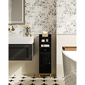 Hzuaneri Bathroom Storage Cabinet, Corner Floor Cabinet with Drawers and Doors, Narrow Toilet Paper Cabinet, Bathroom Organizer with Adjustable Shelf, for Small Spaces, Black BC29804G