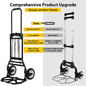 Folding Hand Truck and Dolly, 200 LB Capacity Upgraded Aluminum Dolly Cart, Extended Handle Portable Dolly for Travel, Moving, Shopping, Office Use, Black