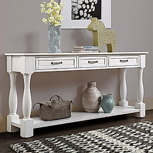 Lecafur HL 63 inch Long Console Table,Wood Entry Table with Storage Extra-Thick Sofa Table with 3 Storage Drawers and 1 Shelves for Entryway Hallway Living Room (Antique White)