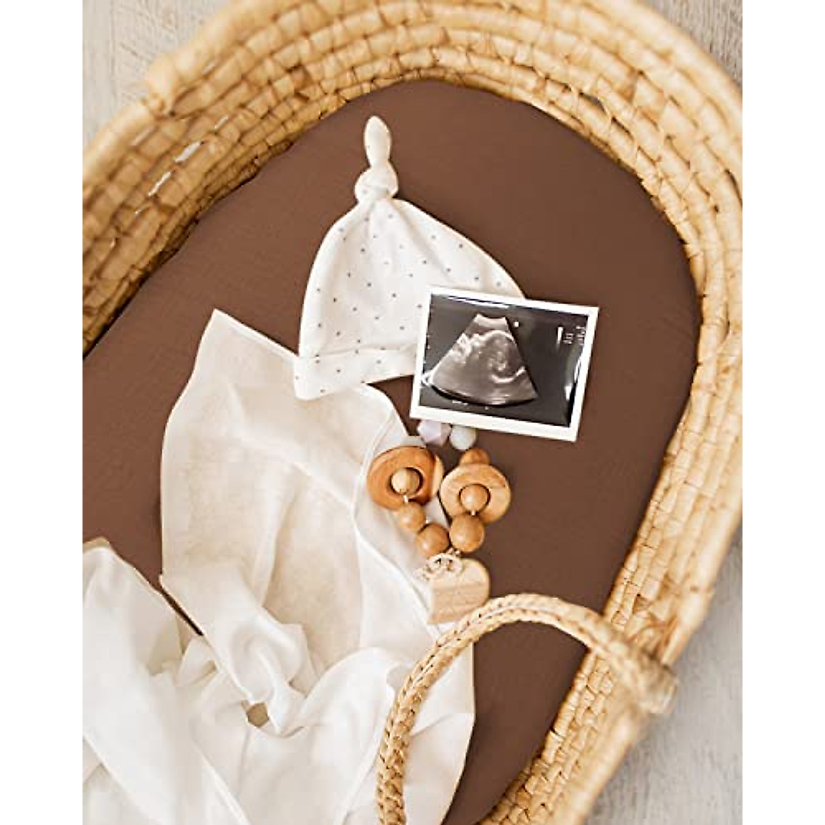 Muslin Bassinet Sheet for Baby Girl Boy, Muslin Cotton Fitted for Oval Hourglass and Rectangular Bassinet Mattress Pad, Stylish Boho Bassinet Sheets Baby Nursery, 2 Pack (Sunshine& Brown)