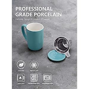 Sweese 16 OZ Porcelain Tea Mug with Infuser and Lid, Loose Leaf Tea Cup, Gifts for Tea Lover, Turquoise