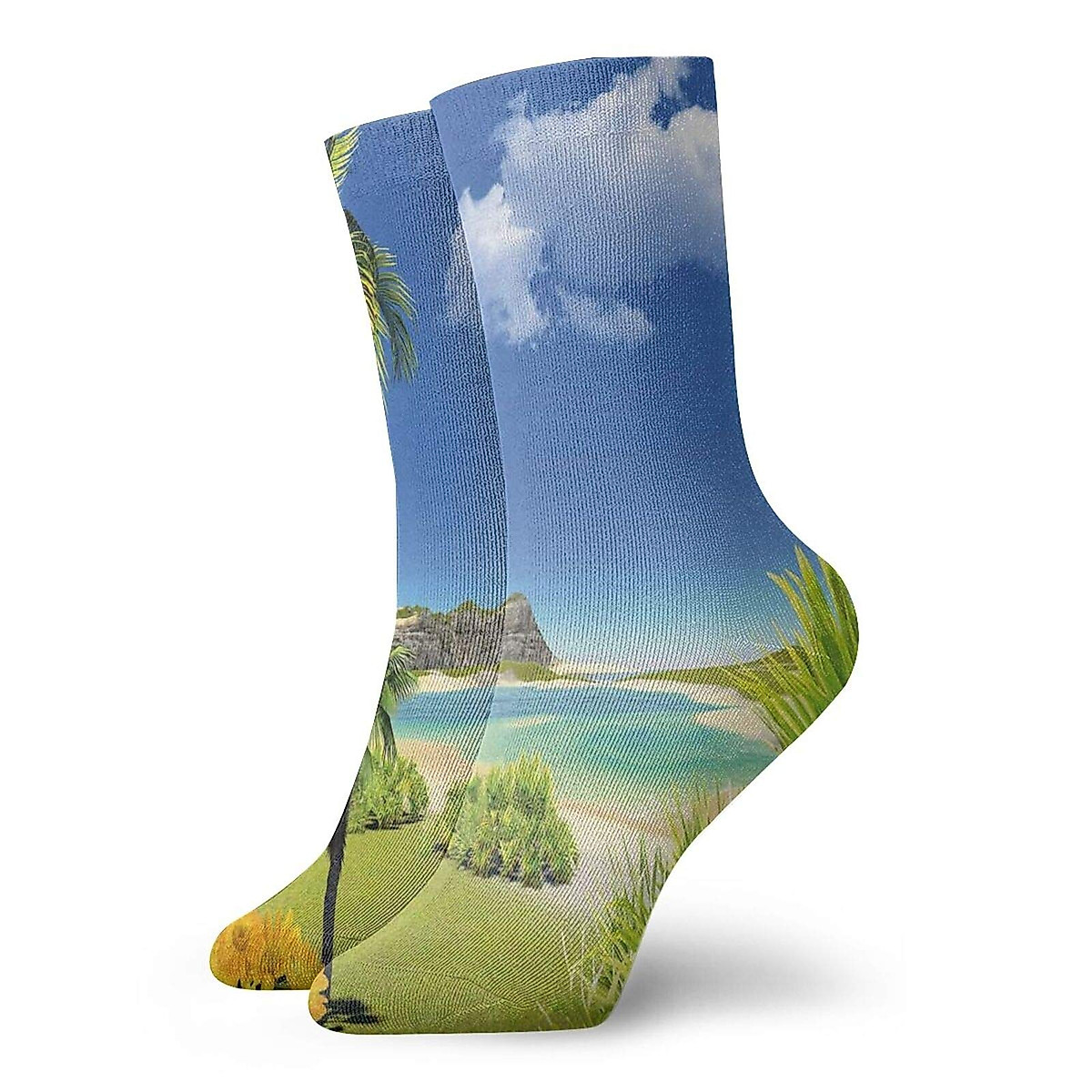 GULTMEE Funky Colorful Cushion Sport Socks,Paradise Beach With Palm Trees In Exotic Island Happiness Coastal Charm Image,Athletic Cushioned Running Performance Crew Socks For Men/Women, -12 inch
