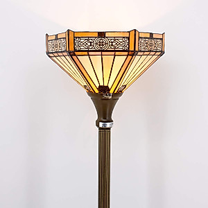 WERFACTORY Tiffany Floor Lamp Yellow Hexagon Stained Glass Mission Light 12X12X66 Inches Torchiere Standing Corner Torch Uplight Decor Bedroom Living Room Home Office S011 Series