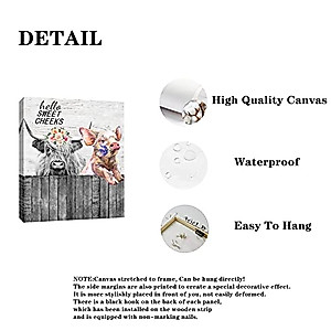 CSWMZQZY Highland Cow Head Wearing Flowers and Cute Pig Lavender Bathroom Decor Wall Art Hello Sweet Cheeks Farmhouse Animal Canvas Print Picture Framed Artwork (HELLO PIG COW,Wooden frame8''x10'')