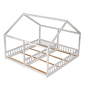 Harper & Bright Designs Kids House Bed Frame with 2 Twin Platform Beds,Wooden Double Twin Beds with Triangular Roof,Montessori Floor Bed Twin with Rails for Girls or Boys, No Box Spring Needed,White