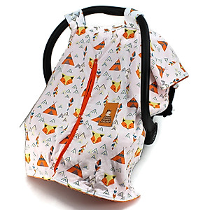 Dear Baby Gear Car Seat Canopy, Fox And Teepees, Orange Minky