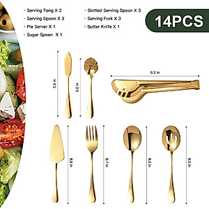 Keyoxy Gold Serving Utensils,14 Pcs Stainless Steel Serving Utensil with Serving Spoon,Slotted Spoons,Forks,Serving Tongs,Pie Server,Butter Knife,Sugar spoon Serving Utensils Set for Parties,Buffet