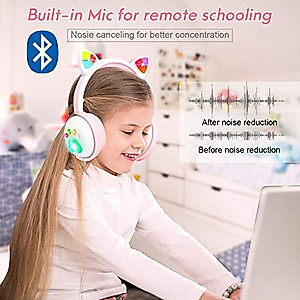 Kids Headphones, Wireless Cat Ear LED Light Up Bluetooth Headphones for Girls w/Microphone, Over On Ear Headset for School/Kindle/Tablet/PC Online Study Birthday Xmas Gift (Pink&White)
