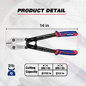 WORKPRO 14-Inch Bolt Cutter, Tri-Material Handle with Comfort Grip, Chrome Molybdenum Steel Blade, for Rods, Bolts, Rivets, Wires, Cables and Chains