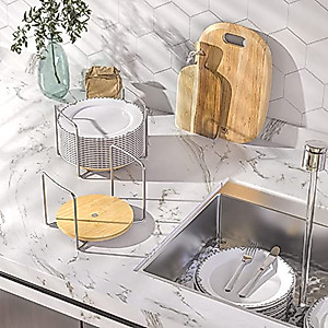 Wisuce Bamboo Plate Holders for Dinner Plates, Adjustable 9"-13" Plate Dish Rack Organizer Stand Stainless Steel Dish Storage Holder for Kitchen Drawer, Countertop, Cabinet, Shelf, Cupboard (Large)