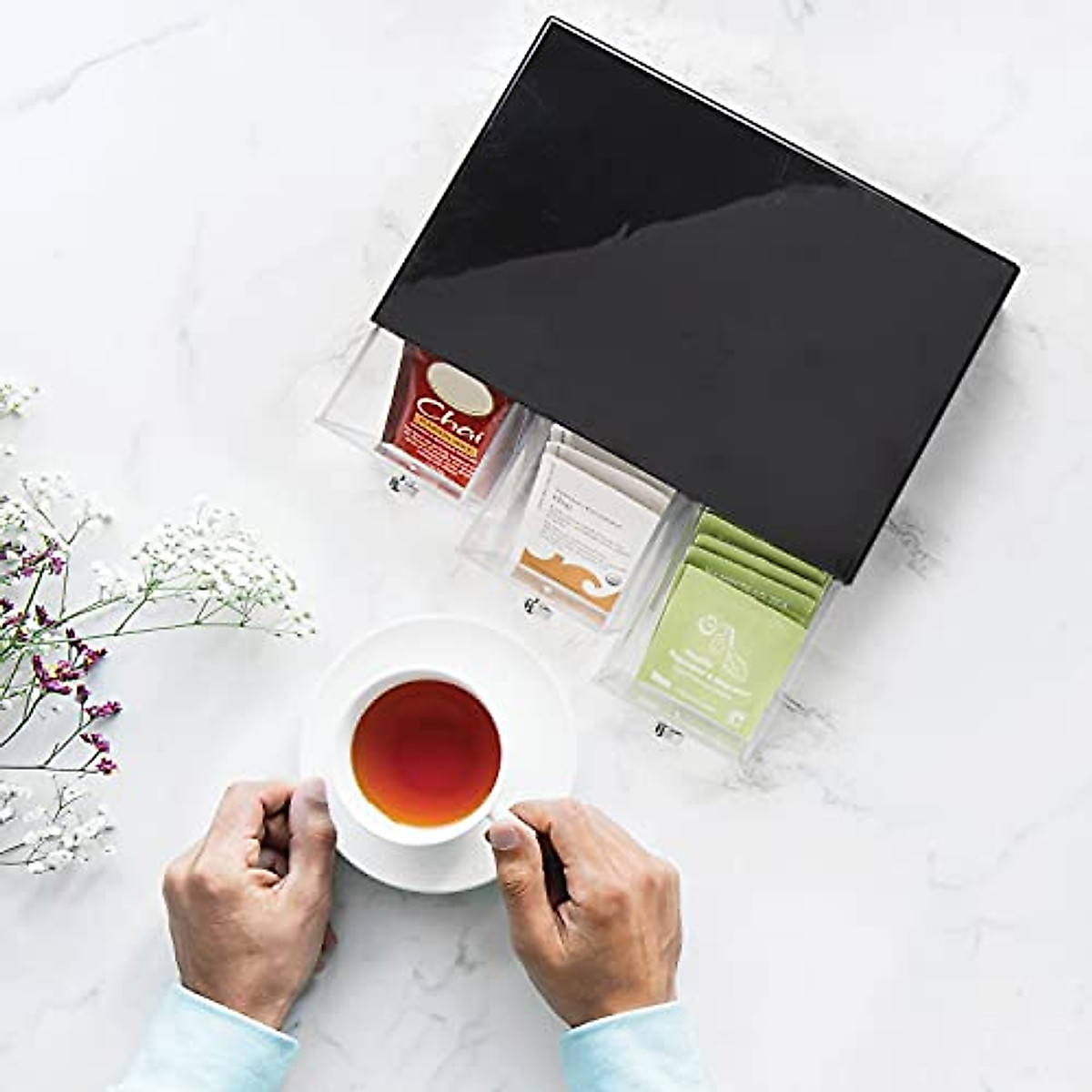 mDesign Plastic Kitchen Pantry Stackable Storage Organizer Container Station, 3 Drawers for Cabinet, Countertop, Holds Coffee, Tea, Sugar Packets, Creamers, Lumiere Collection, 2 Pack - Black/Clear