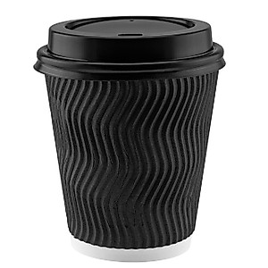 NYHI Set of 100 Black Disposable Paper Cups with Black Lids and Straws 12 oz Ripple Insulated Kraft for Hot Drinks Tea Coffee Triple Layer Design Eco Friendly Recyclable Durable Paper