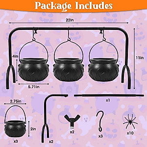 Set of 6 Halloween Witches Cauldron Serving Candy Bowls with Iron Rack Upgrade Hooks Black Plastic Punch Bucket Spiders for Halloween Party Decorations Indoor Outdoor Home Table Decor Supplies
