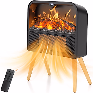 Electric Fireplace Heater, Freestanding Electric Fireplace with Realistic Flame & Solid Wood Stand, Portable Space Heater Fireplace for Indoor Use with 1-12H Timer, 59℉ to 95℉ Thermostat, 1500W