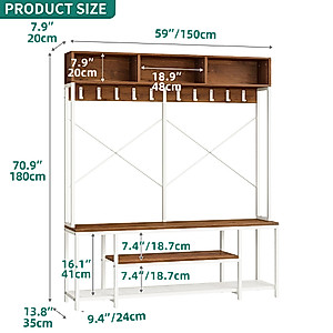 YITAHOME Entryway Bench with Coat Rack, 5-in-1 Hall Tree with Shoes Storage, Industrial Freestanding Coat Rack Shoe Bench with Storage Shelves, 10 Hooks for Hallway, Bedroom, Walnut/White