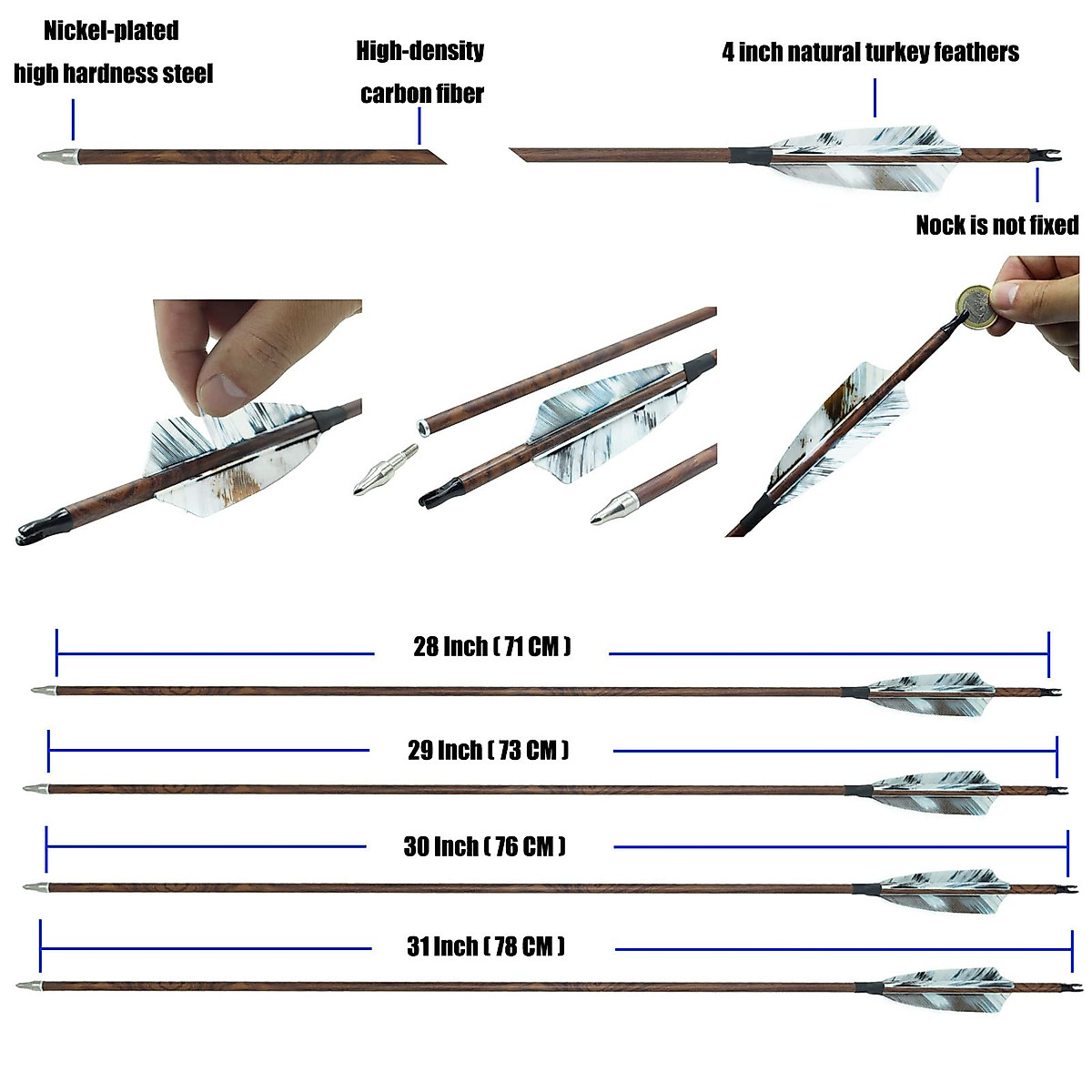 Archery Carbon Arrows 28/29/30/31 Inch 4 Inch Turkey Feather Spine 500 Competition Practice Hunting Target Shooting for Recurve Long Traditional Bow and Compound Bow 6/12Pcs (28 Inch,12 Pcs)