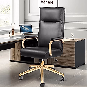 Toszn Executive Office Chair Gold, High Back Executive Office Chair with Back Support and Armrest, Leather Office Chair for Women, Desk Chairs with Wheels and Gold Legs, Black