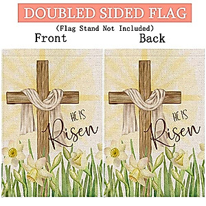 Easter Cross Garden Flag 12x18 Inch Double Sided,Religious Cross He is Risen with Narcissus,Small Spring Yard Flag for Outside Farmhouse Seasonal Holiday Outdoor Decor