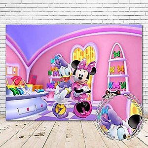 Moonlight Studio Minnie Mouse and Daisy Bowtique Backdrop 7x5 Happy Birthday Minnie Mouse and Daisy Duck Background for Girls 2nd Birthday Vinyl Minnie Mouse Bowtique Birthday Party Supplies