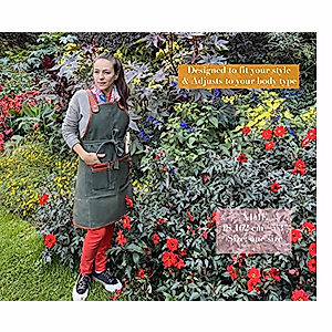 Garden Apron for Women Men, Gardening Apron with Pockets and Adjustable Leather Straps, Canvas Waist Kitchen Apron for Harvesting Weeding Gardening Cooking Baking, Gardener Gift Idea