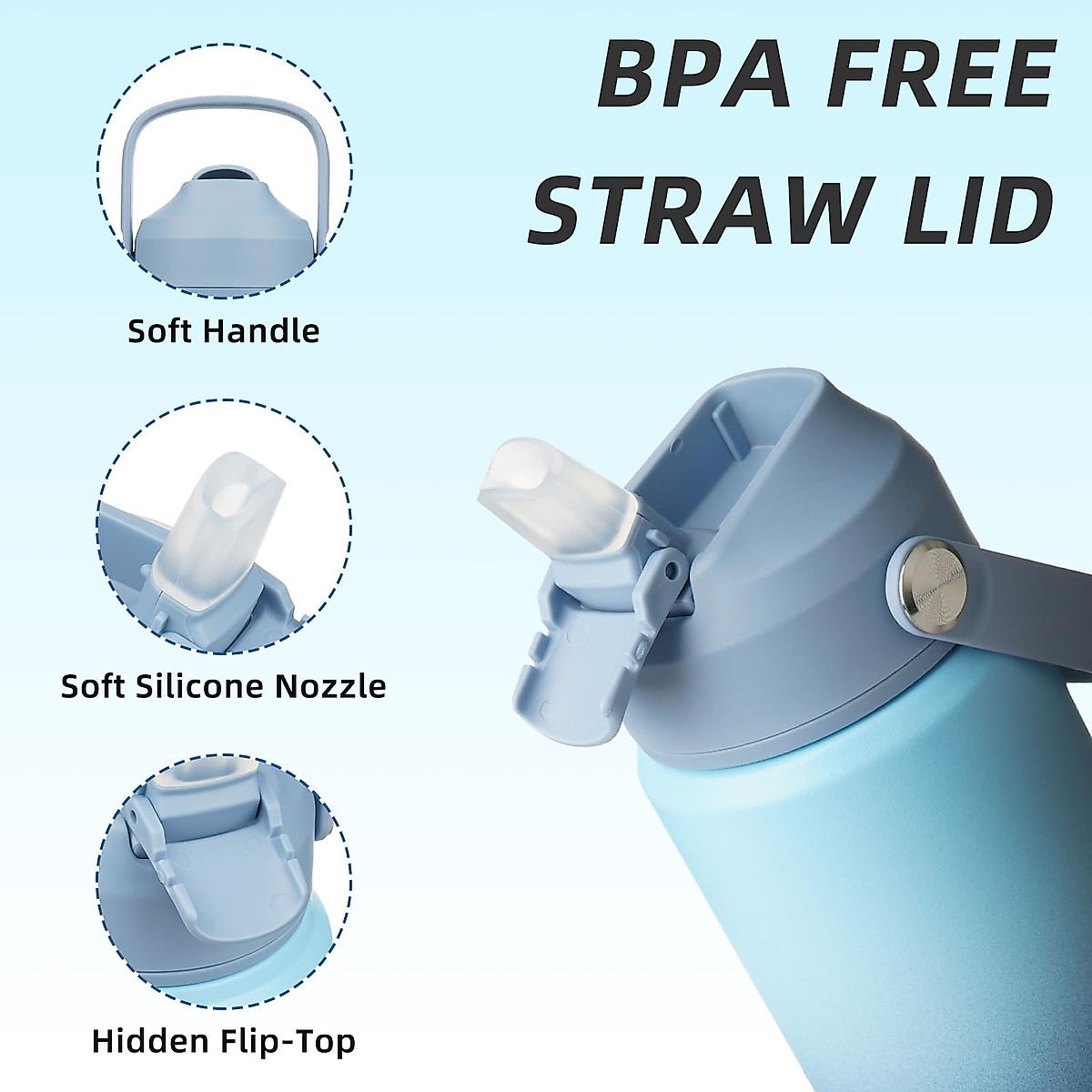 BJPKPK Insulated Water Bottle with Straw Lid, 18oz Thermos Water Bottles with Soft Nozzle, Flex Handle & Non-slip Boot, BPA Free Leak Proof Stainless Steel Metal Thermos, Tumblers, Cups,Sky