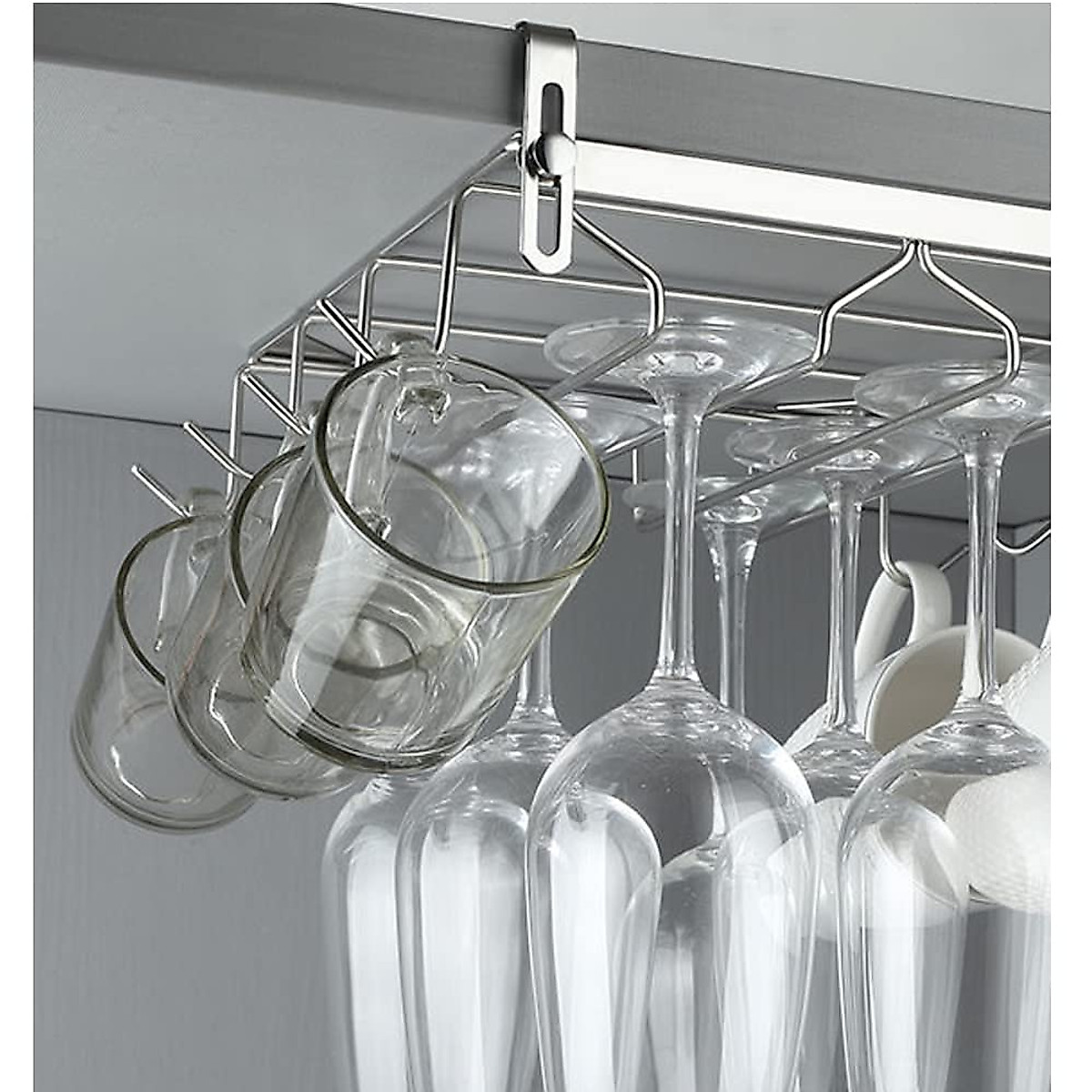 Coffee Mug Holder & Adjustable Wine Glasses Rack Under Cabinet Stemware Rack ，304 Stainless Steel Stemware Rack， Nail Free Wine Glass Holder Glasses Storage Hanger Organizer for Bar Kitchen