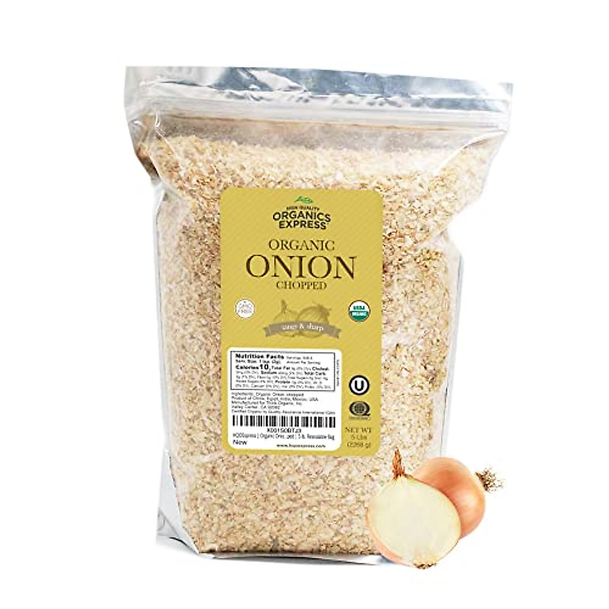 HQOExpress Organic Onion Chopped – Organic Onion Flakes - Dried and Minced – Spicy and Tangy Seasoning Powder for Soups, Stews, Marinades and Broths - Non GMO, Kosher, USDA Certified , 5 lb.