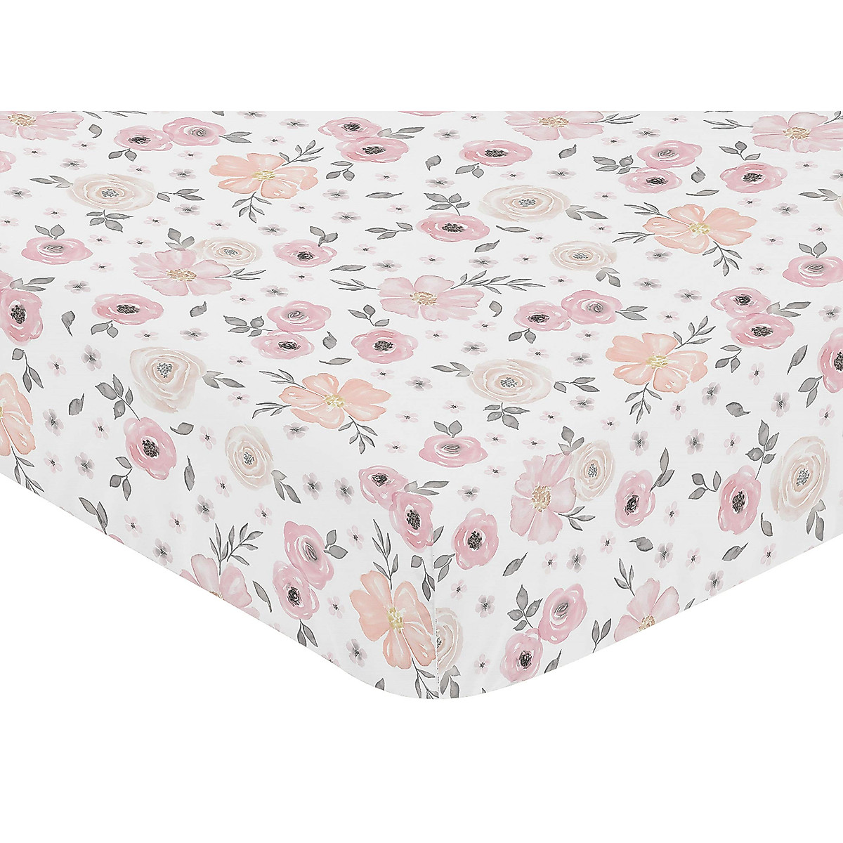 Sweet Jojo Designs Floral Girl Jersey Stretch Knit Baby Fitted Crib Sheet for Soft Toddler Bed Nursery - Blush Pink, Grey and White Boho Shabby Chic Rose Watercolor Flower