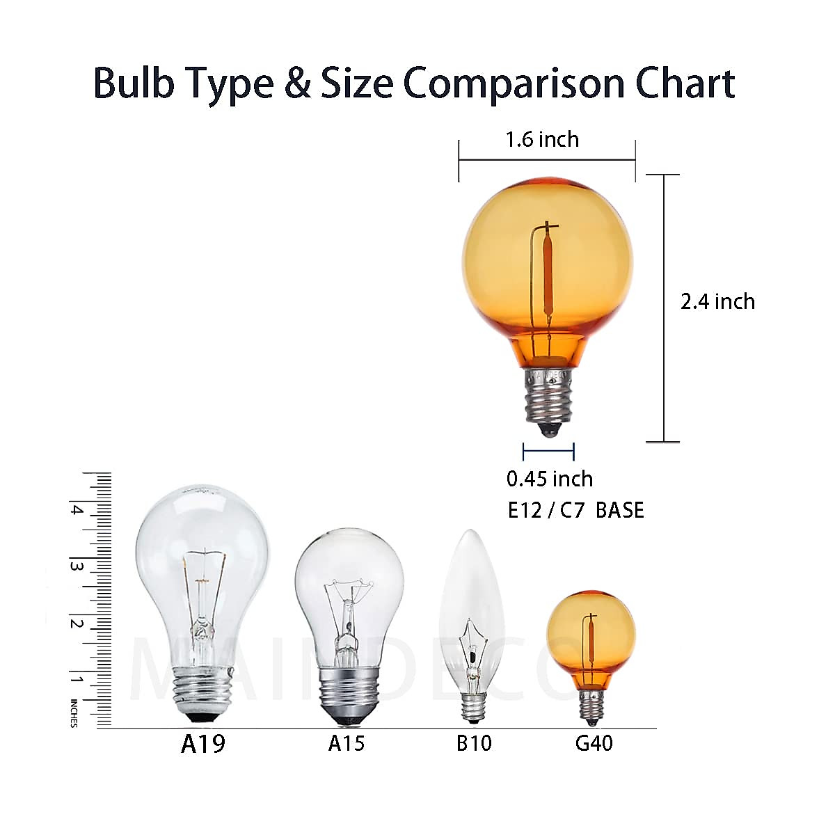 MAINDECO G40 LED Replacement Bulbs, Clear Orange,120V,0.5W, E12 Base,Outdoor Shatterproof Plastic Bulb,for String Light -25Pack