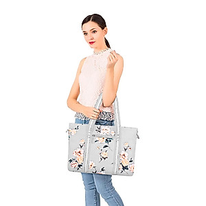 MOSISO Laptop Tote Bag for Women (17-17.3 inch), Canvas Camellia Multifunctional Work Travel Shopping Duffel Carrying Shoulder Handbag, Grey