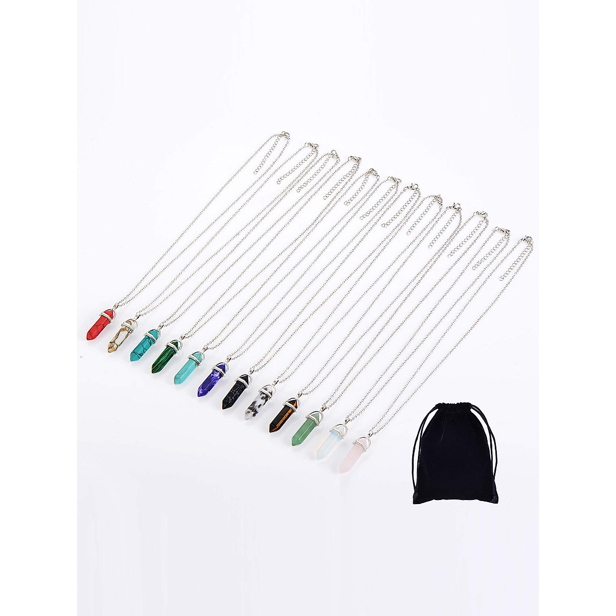 EBOOT womens 12 Pieces Hexagonal Chakra Crystal Bullet Shape Gemstone Pendant Necklaces Pointed Quartz Stone Chain Necklaces Artificial Stone with Storage Bag (Soft Color Set)