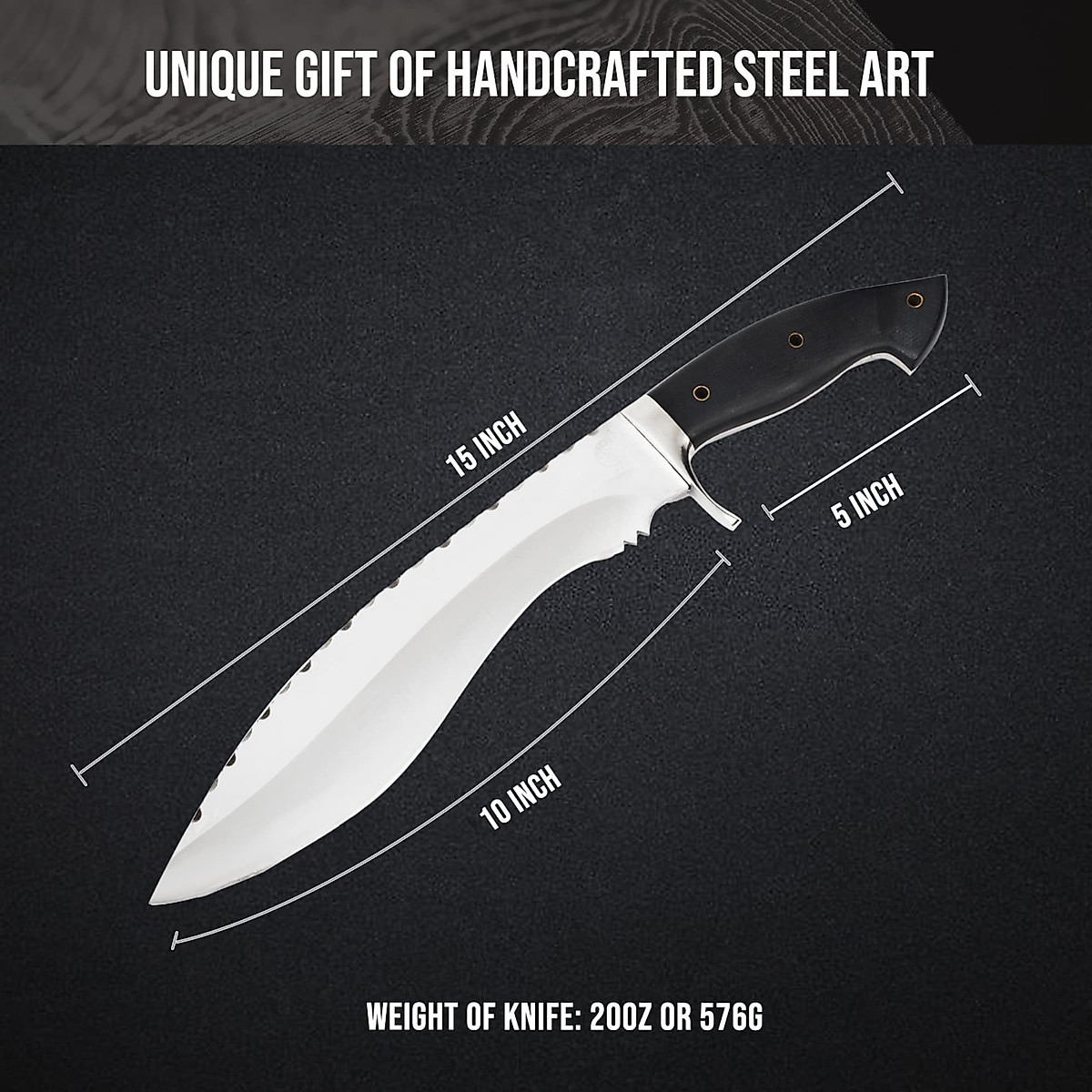 BIGCAT ROAR Handmade D2 Steel Kukri Machete Knife - Bushcraft Fixed Blade Hunting Knife with Sheath and Micarta Handle - 15″ EDC Cutting Knife - Black Horse