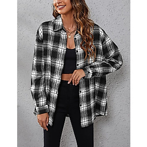 Ailoqing Plaid Shirts for Women Long Sleeve Button Down Flannel Shirts Buffalo Blouse Tops(Blackwhite-M)