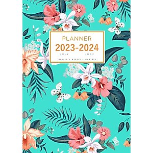 Planner July 2023-2024 June: A4 Large Notebook Organizer with Hourly Time Slots | Orchid with Tropical Flower Design