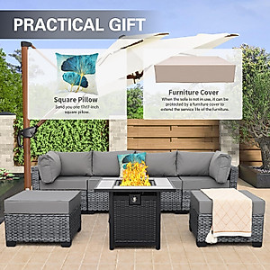 WAROOM Patio Furniture Set 7 Pieces Gray Rattan Outdoor Sectional Sofa PE Wicker Conversation Couch Sets with Propane Fire Pit Table, Anti-Slip 5" Thick Grey Cushion