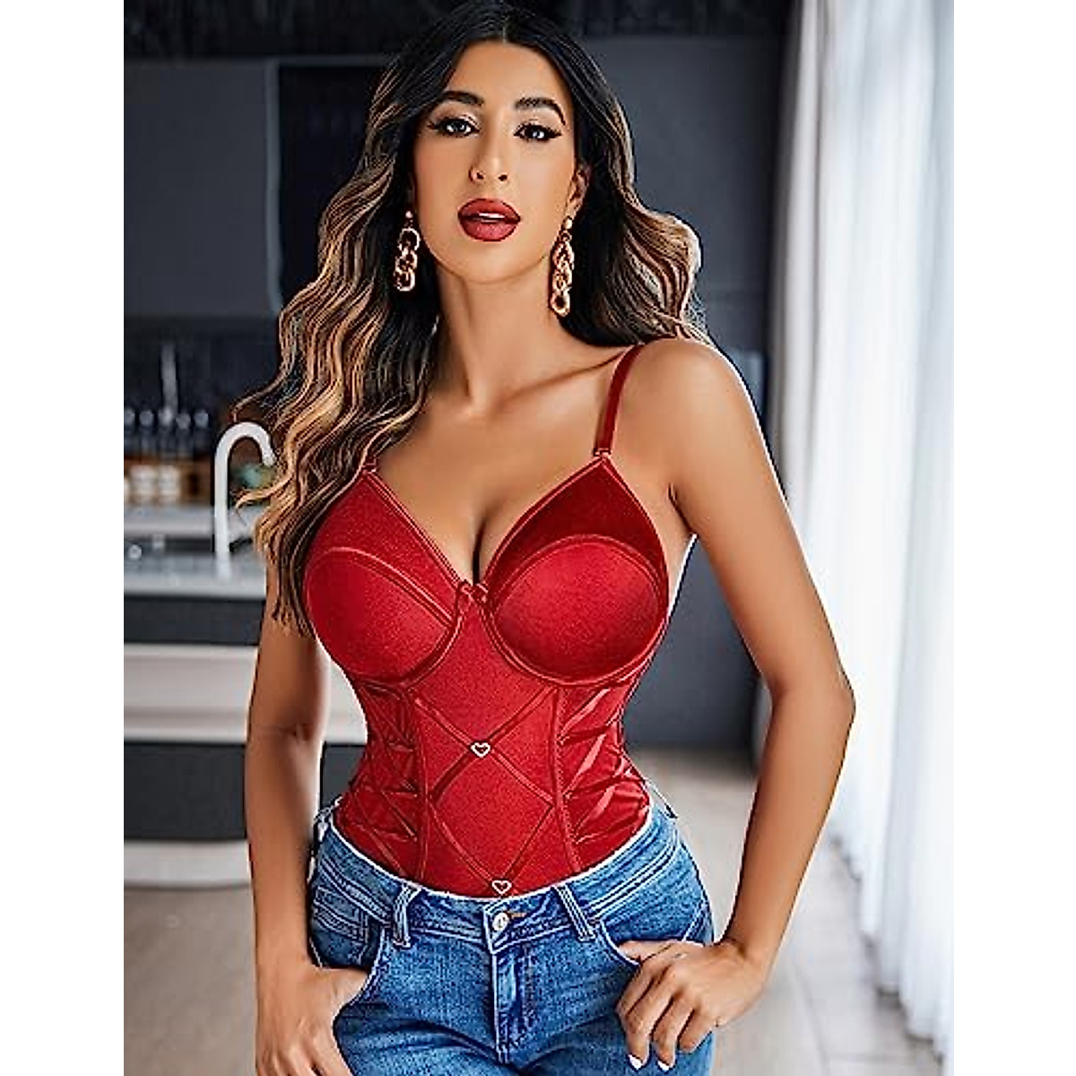 Avidlove Women Garter Lingerie Set Satin Bodysuit Babydoll Sexy Lingerie Wine Red L