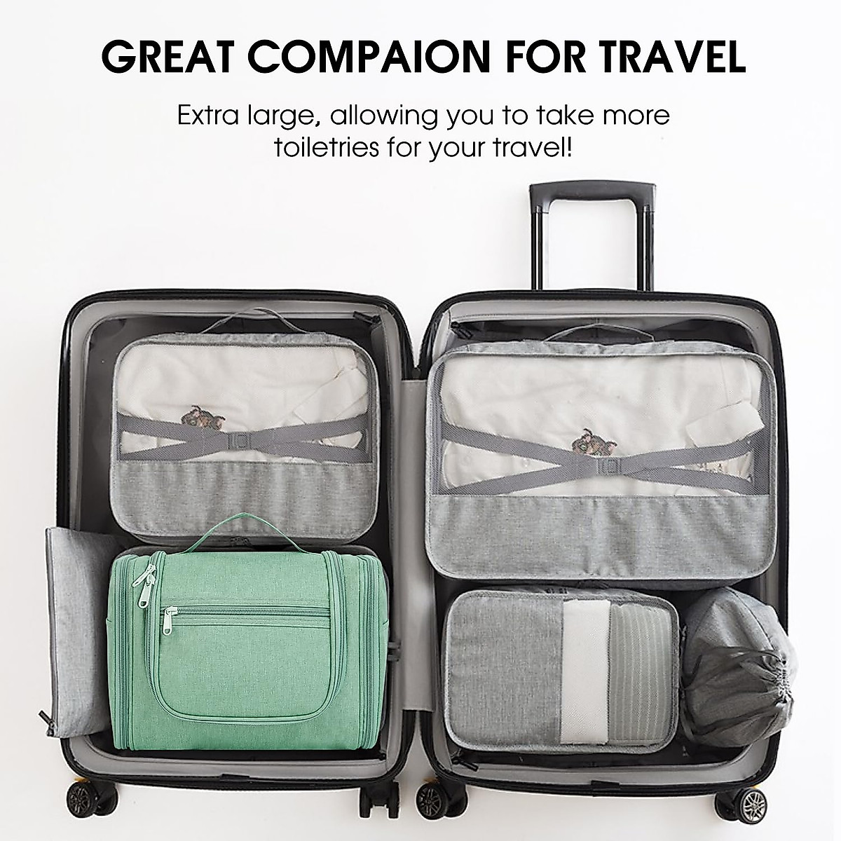 WANDF Large Hanging Toiletry Bag Travel Cosmetic Makeup Organizer Water-Resistant Shower Bathroom Bag for Women and Men (Green)