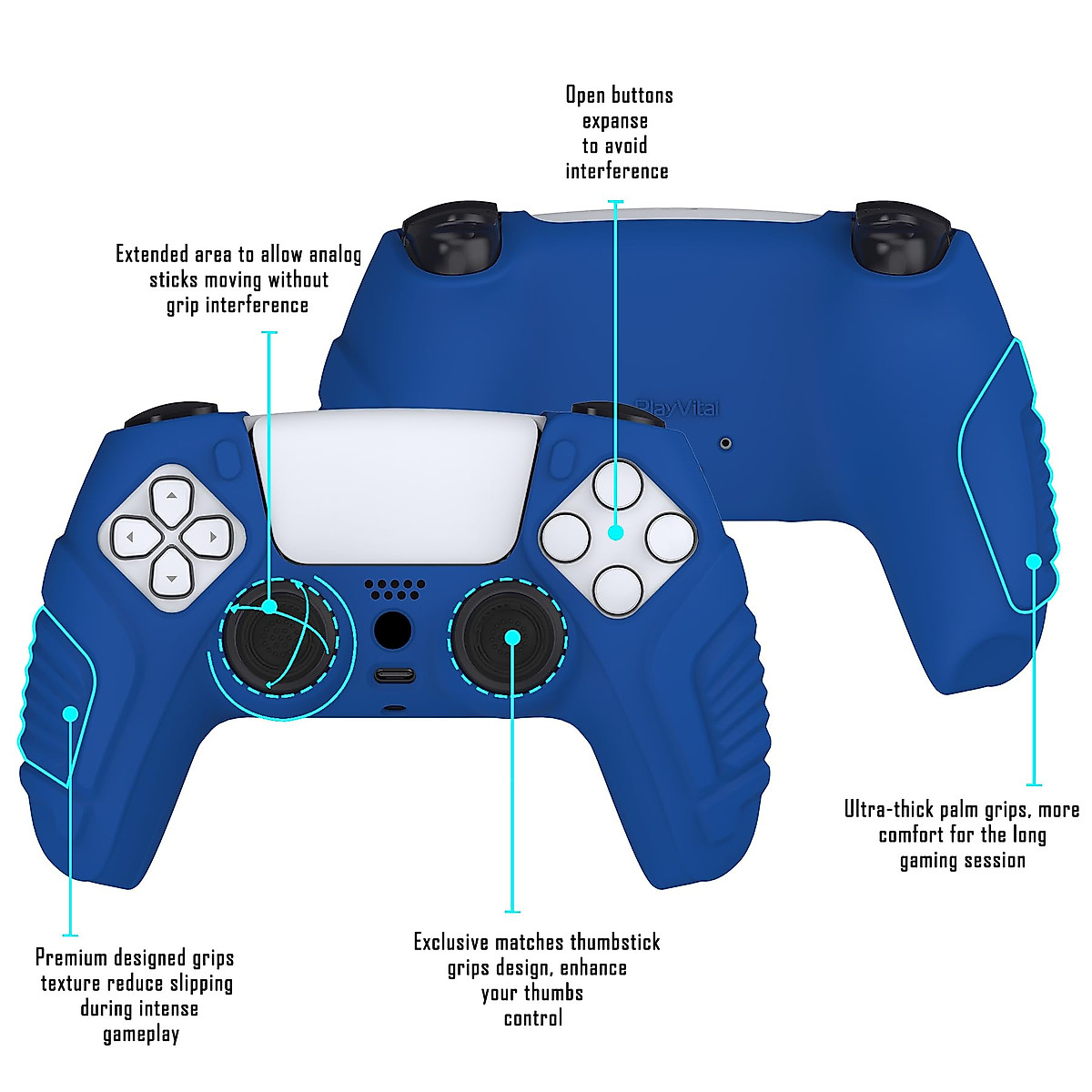 PlayVital Raging Warrior Edition Controller Protective Case Cover for PS5, Anti-Slip Rubber Protector for PS5 Wireless Controller, Soft Silicone Skin for PS5 Controller with Thumbstick Caps - Blue