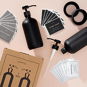 Verute 16oz Glass Soap Dispenser with Stainless Steel Pump, 21 Waterproof Labels, Non-Slip Protective Silicone Pad, Set of 2 for Bathroom & Kitchen (Matte Black Bottle/Black Pump)