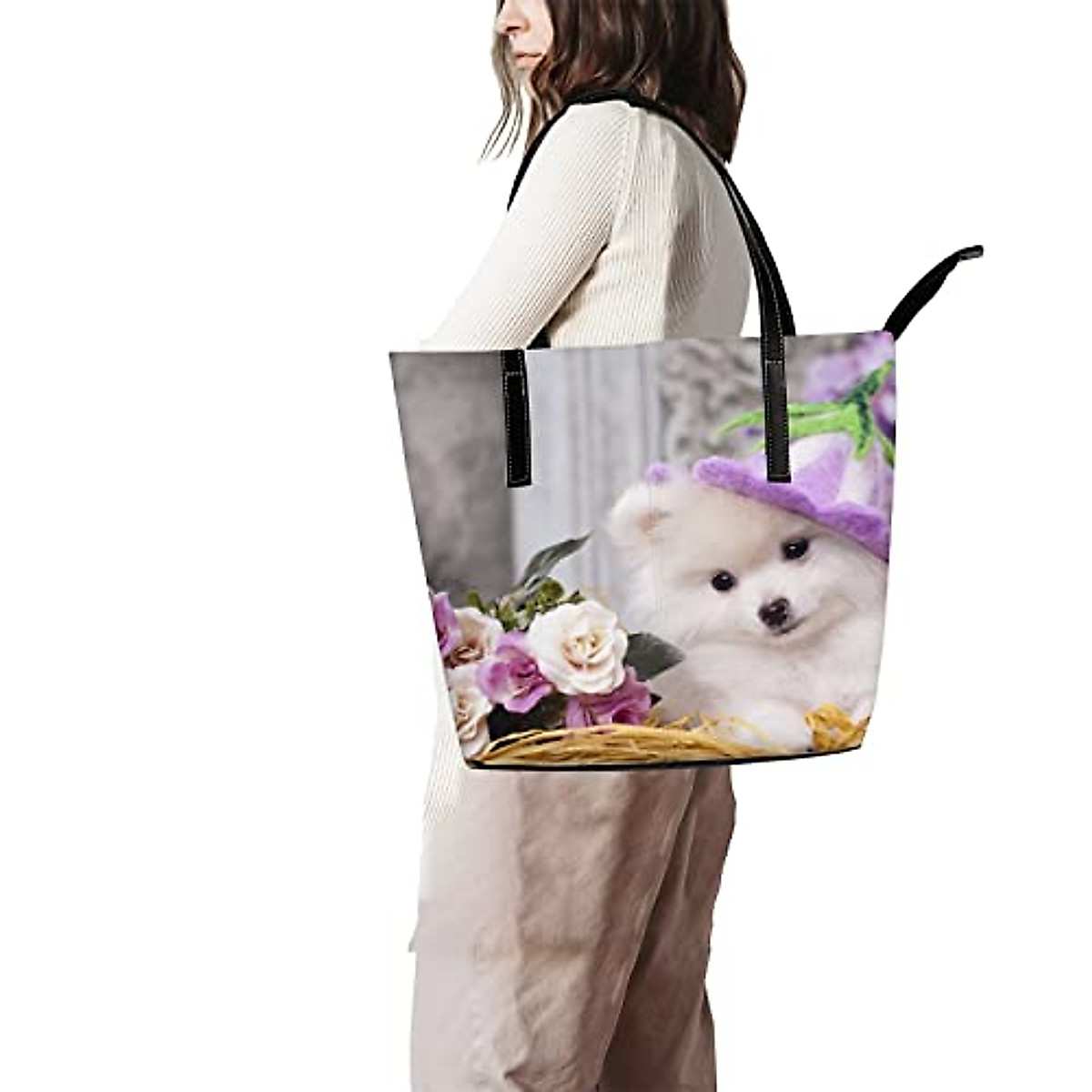 Shoulder Bag Tote Bags for Women Pomeranian Puppy Leather Shopper Work Handbags Large Casual Bag